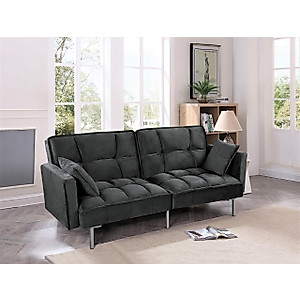 Container Furniture Direct Regal Convertible Sleeper Sofa Bed, Velvet Pull Out Couch with Mid-Century Style, Tufted Design and Metal Legs, Ideal for for Guests and Sleepovers, Black