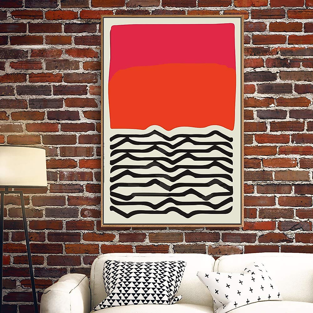 IDEA4WALL Framed Canvas Print Wall Art Black Lines with Red Color Field Geometric Patterns Illustrations Modern Art Chic Relax/Calm Ultra for Living Room, Bedroom, Office - 24"x36" Natural