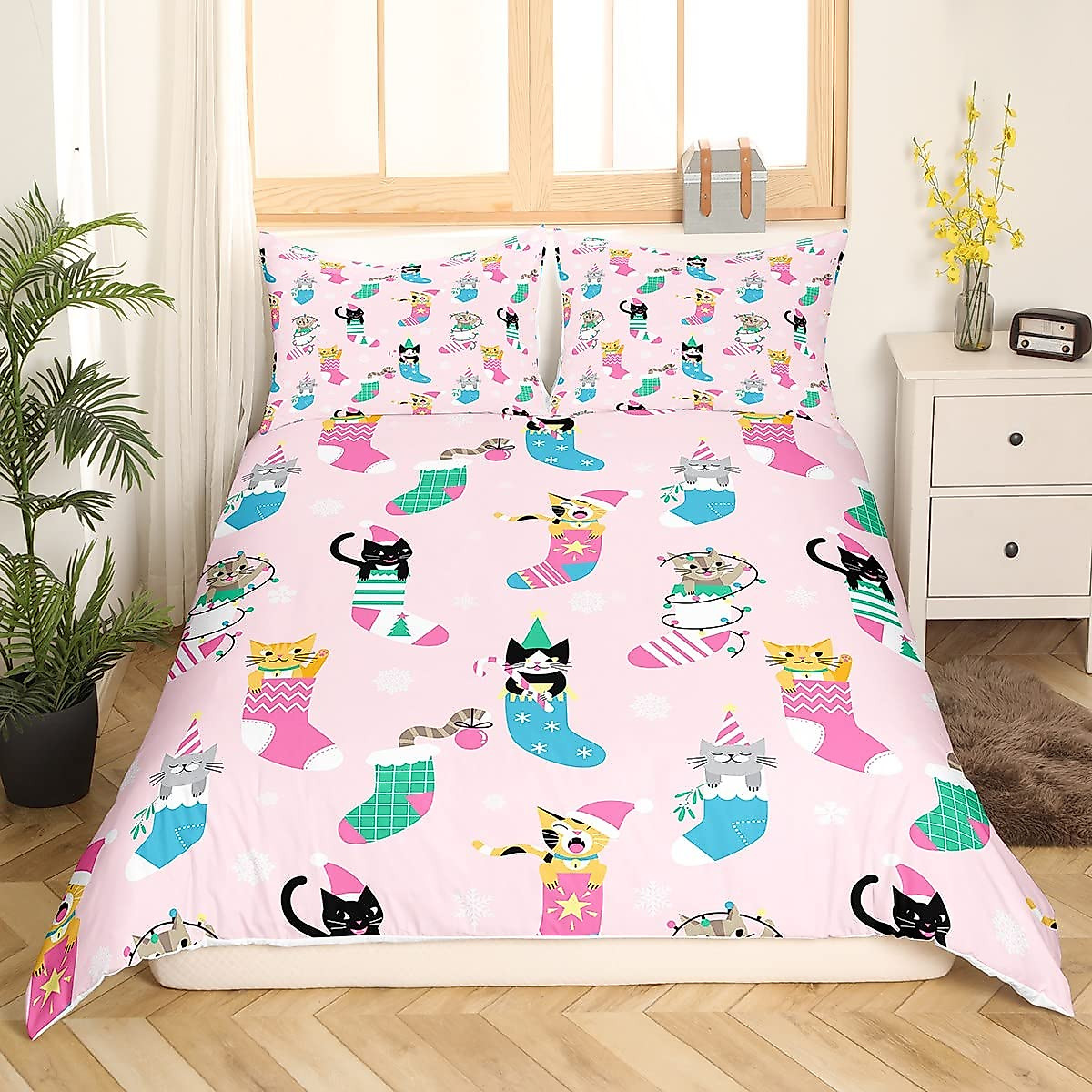 Erosebridal Christmas Cat Bedding Sets Twin Cute Animal Comforter Cover Kawaii Kitten Bed Sets Colorful Xmas Stocking Duvet Cover White Snowflake Quilt Cover for Kids Boys Girls Room Decor