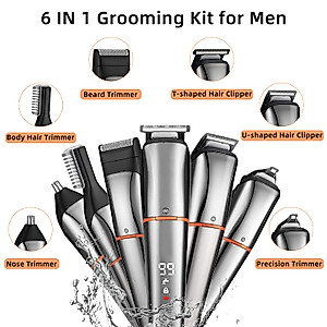 Men Beard Trimmer, Shaving Machines with 6 In 1 Grooming Kit for Hair Clippers Body Mustache Nose Hair Trimmer for Men Cordless, Waterproof Electric Trimmer for Men with USB Rechargeable