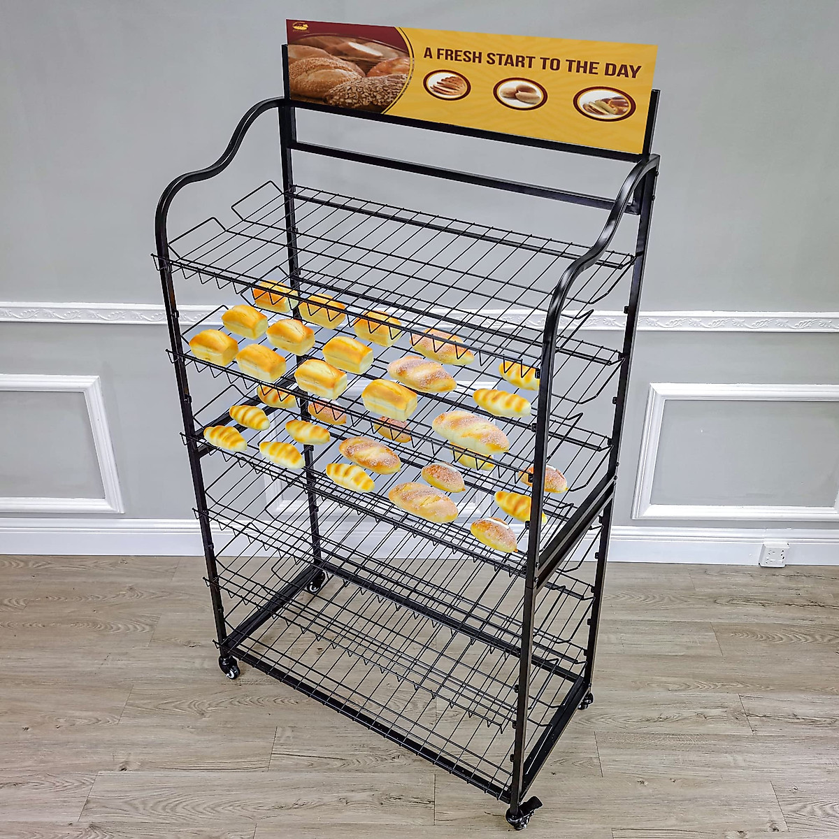 FixtureDisplays® Wide Metal Bakery Display Rack on Wheels, 6 Shelves with Header Holder, 39.5" Wide X 18.5" Deep X 67.8" Black 19399-New-NF