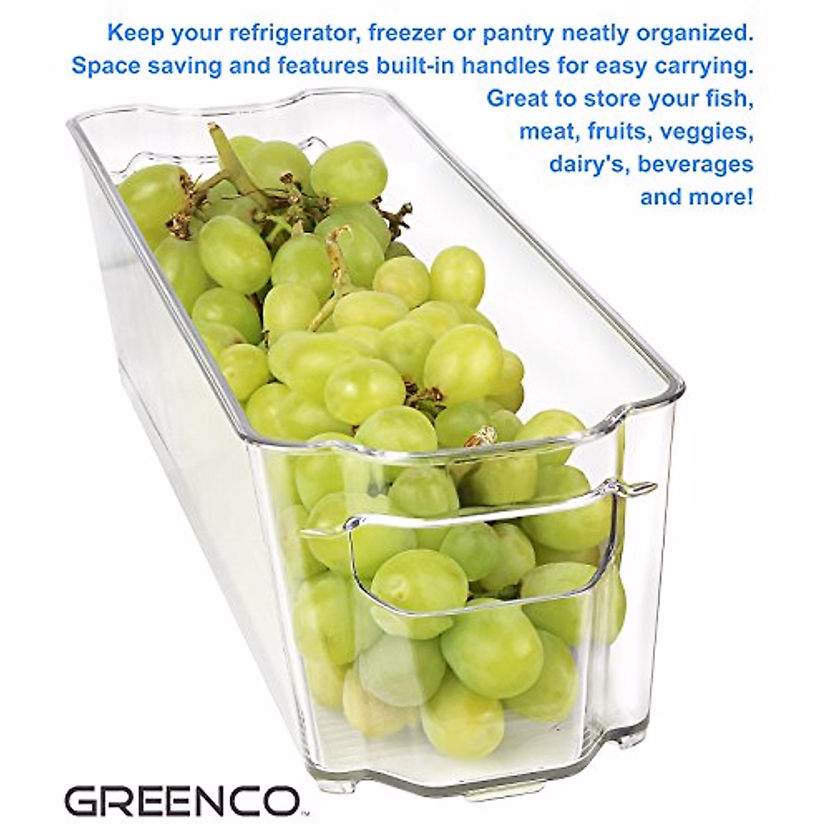 Greenco Clear Stackable Organizer Containers with Handles for Refrigerator Freezer Pantry Cabinets, Narrow Storage Bins for Kitchens, Bathrooms, and Closets, 14.5" x 3.5" x 3.75"