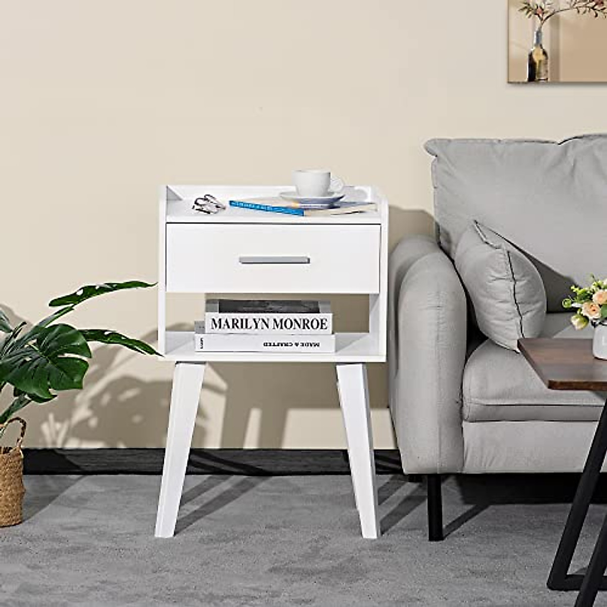 Lerliuo White Nightstand, Modern Bedside Table with Drawer, Wood End Table for Small Space, Side Table with Storage, Night Stand for Bedroom/Living Room/Dorm 26.38''H