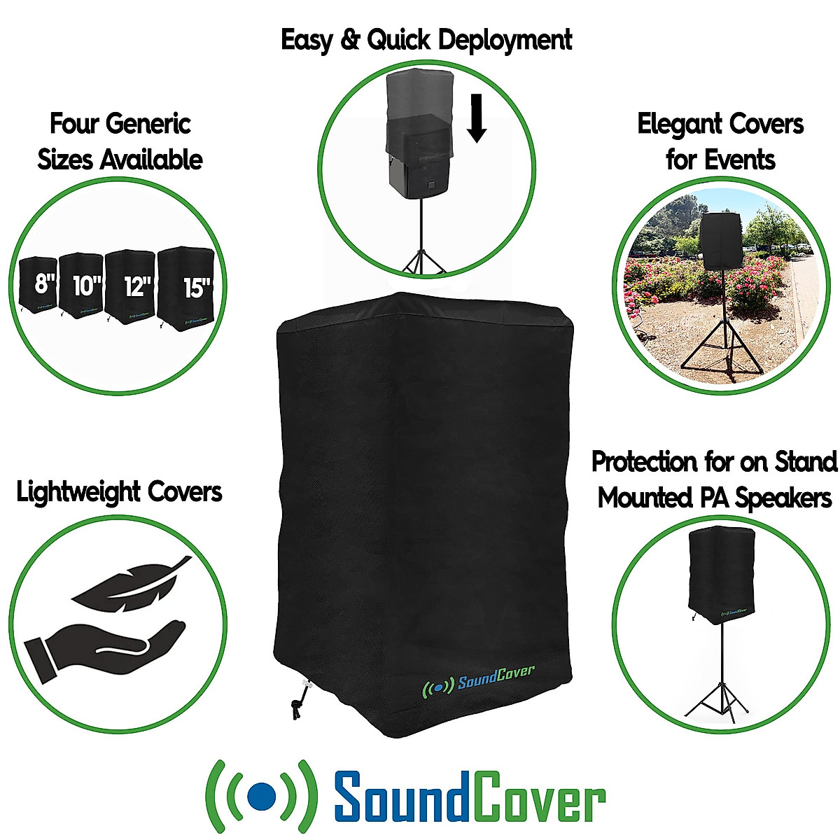 15 Inch PA/DJ Lightweight Powered Speaker Cover Bag in Black for Stand Mounted Speakers - Over the top fit, Water Resistant (not Waterproof), 50 UV Protection - Check Dimensions Before Ordering!
