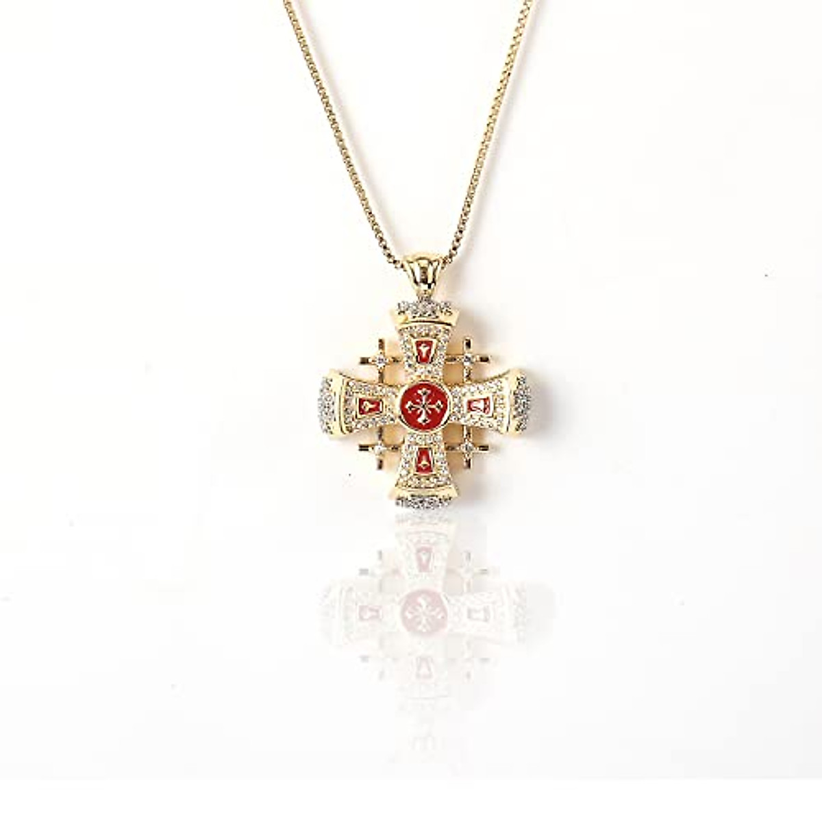 Nazareth Store Crusaders Jerusalem Cross Pendant Necklace Gold Plating 18k Enamel Crystallized Stones 1.3" (Red)