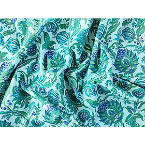 Craftbot Hand Block Print Fabric by The Yard - PRECUT 3 Yards 42 inch Width - 100% Cotton Material - Green Floral Pattern - Light Weight Indian Cloth for Making Kurti Summer Dress Salwar Kameez etc
