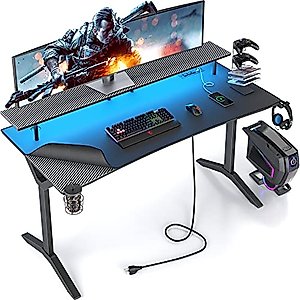 Mr IRONSTONE Gaming Desk 55 Inch with LED Lights & Power Outlets, Computer Gamer Desk with Full Mouse Pad & Carbon Fiber Surface, Y Shaped Leg Gamer Table with Monitor Stand, Gift for Boys Men