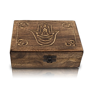 Great Birthday Gifts Handmade Decorative Wooden Jewelry Box Hamsa Hand Carving Jewelry Organizer Keepsake Box Treasure Chest Trinket Holder Watch Box Storage Lock Box 7 x 5 Inches Housewarming Gift