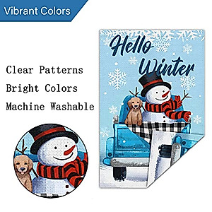Hello Winter Garden Flag 12x18 Double Sided, Burlap Small Vertical Buffalo Check Plaid Winter Truck Garden Yard House Flags with Snowman Dog for Winter Outside Outdoor Decoration (ONLY FLAG)
