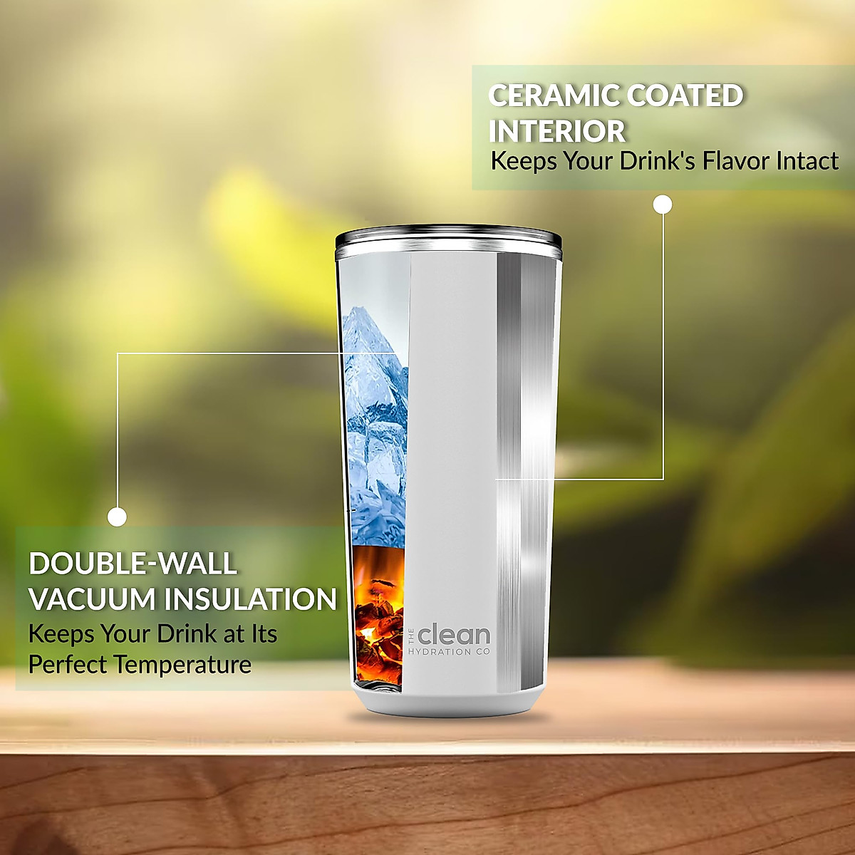 The Clean Hydration Company Insulated Coffee tumbler | Travel coffee mug | Ceramic Lined Tumbler | Iced Coffee Tumbler Cup with Lid | Double Wall Vacuum (White, Tumbler 20oz)