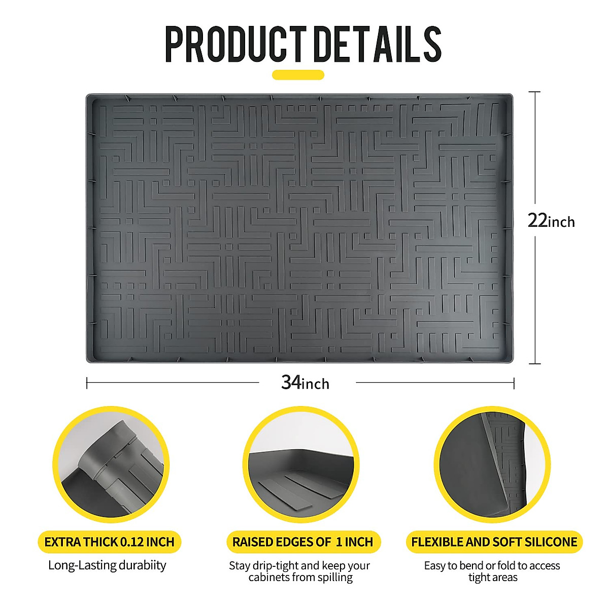 Under Sink Mat for Kitchen, 34"x21" Silicone Waterproof Mat Kitchen Bathroom Waterproof Cabinet Mat Sink liner, Protector for Under Sink Tray for Drips Leaks Mat, Hold Up to 4 Gallons - Grey