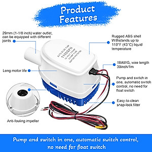 2 Pieces Automatic Bilge Pumps for Boats 12V Submersible Pump with Float Switch Auto Bilge Water Pump (1100GPH)