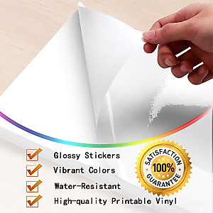 Printable Vinyl Sticker Paper for Inkjet Printer - Glossy White - 21 Waterproof Decal Paper Self-Adhesive Sheets 8.5"x11"- Dries Quickly and Holds Ink Beautifully