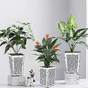 Meetart Crushed Diamond Mirrored Planter, Crystal Silver Glass Decorative Mirror Luxury Flower Pot ，with Drainage Hole and Tray for All House Plants, Succulents, Flowers, and Cactus.