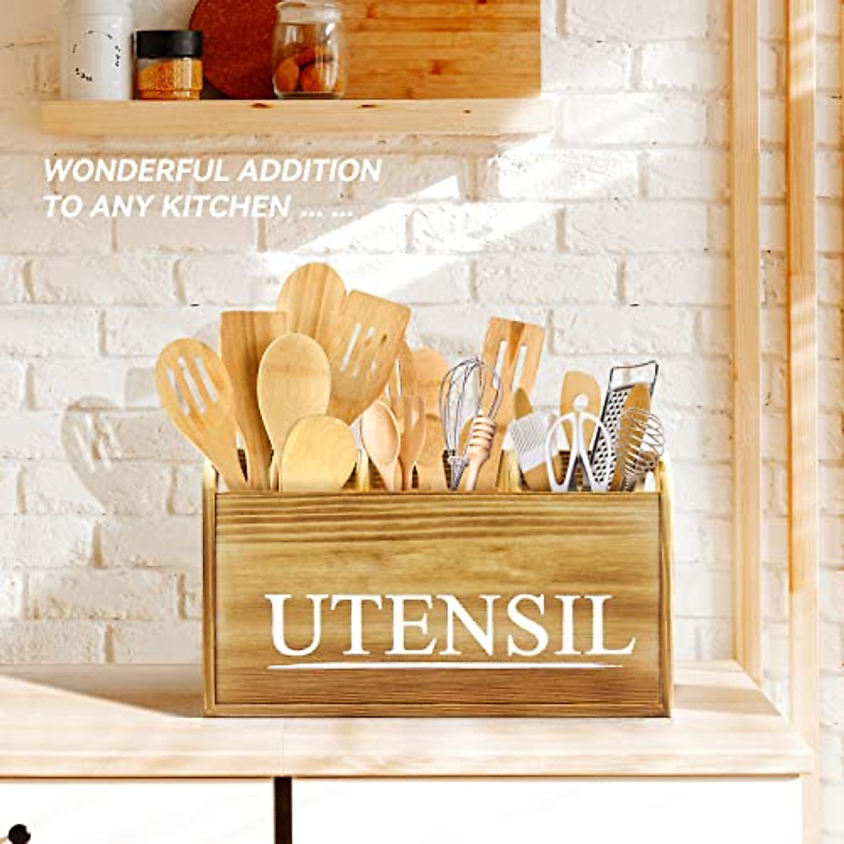 brekle Rustic Kitchen Utensil Holder Larger Wooden Utensil Holder for Kitchen Counter 3 Compartment for Efficient Utensil Organizer and Cooking Tools Storage