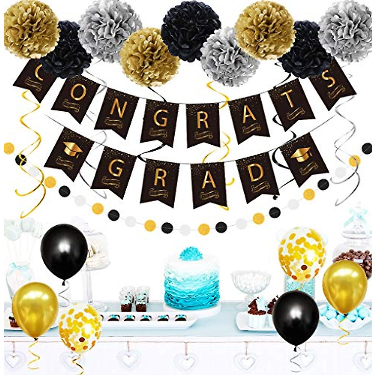 2022 Graduation Decorations, Graduation Decor Black and Gold, Graduation Banner, Hanging Swirls, Paper Pom Poms Flowers, Photo Backdrop, Graduation Party Supplies 2022