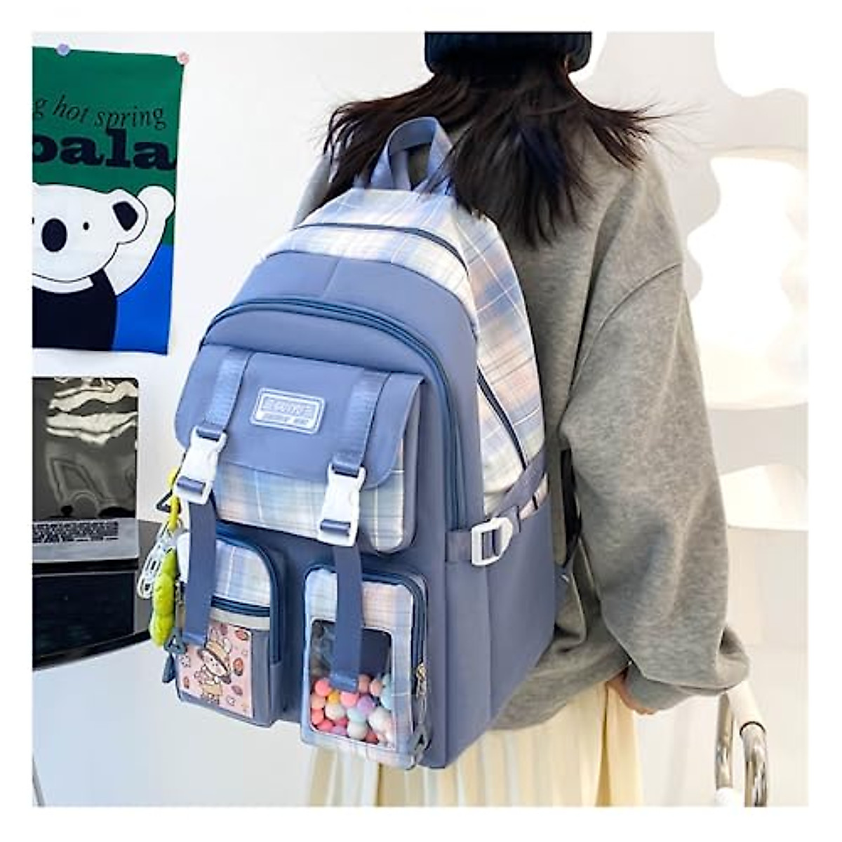 MAGSKY Cute Backpack 5 Set Aesthetic Backpack Kawaii Backpack Large Capacity Casual Travel Mochilas Daypacks (Blue)