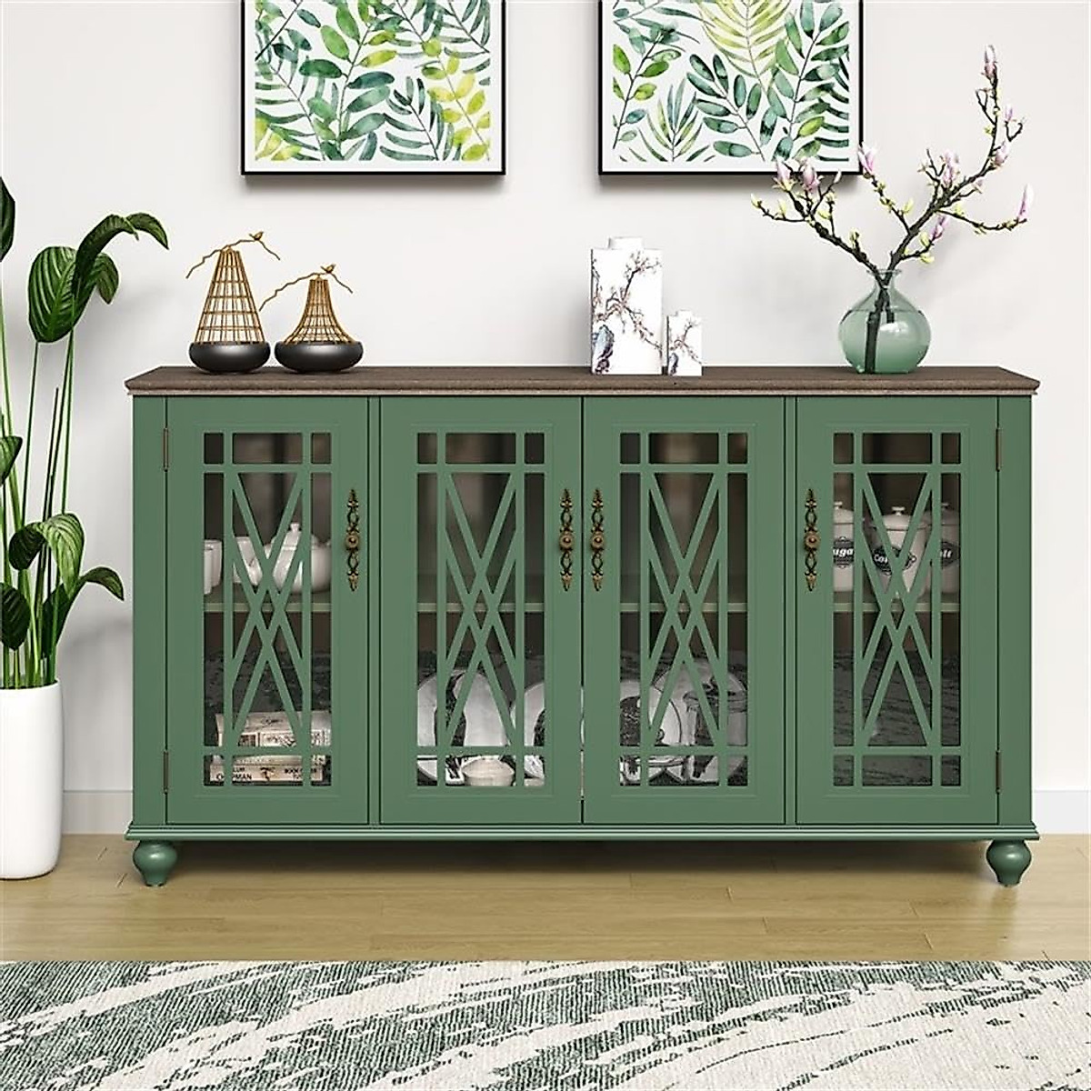 Liviland 63" Farmhouse Engineered Wood Kitchen Accent Buffet Sideboard Cabinet with 4 Glass Paneled Doors, Adjustable Shelves, Assembly Required, for Kitchen/Dining Room/Living Room/Entryway, in Green