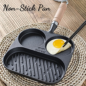 Egg Pan Omelette Pan, 3 Section Square Divided Breakfast Grill Pan with Solid Wood Handle，Nonstick Egg Frying Pan for Stove Tops, Kitchen Cooking Tool for Indoor Cooking & Outdoor Grilling (Black)