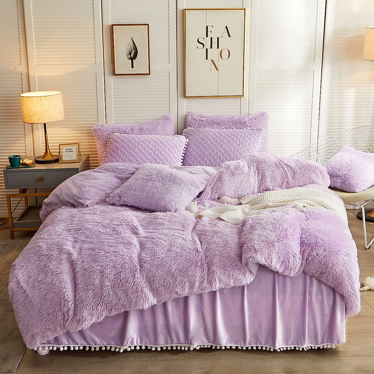 LIFEREVO Luxury Plush Shaggy Duvet Cover Set, Soft Velvet Fluffy Furry Duvet Cover Set(1 Lavender Faux Fur Fuzzy Comforter Cover+2 Pom Poms Pillow Shams)Bedding Set, Zipper Closure(Full/Queen, Orchid)