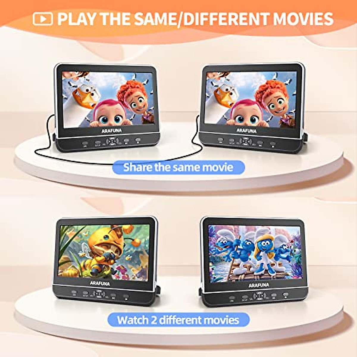10.5" Dual Portable DVD Player with HDMI Input, Arafuna Car DVD Player Dual Screen Play A Same or Two Different Movies, Headrest DVD Player for Car Support 1080P HD Video, USB/SD,Last Memory