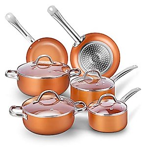Copper Pots and Pans Set Nonstick 10-Piece Ceramic Cookware Set, Stainless Steel Handles, Dishwasher & Oven Safe, PFOA/PFAS-Free, Orange