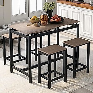 P PURLOVE 5 Pcs Dining Table Set for 4,Counter Height Table and Chair Set for 4, Wood Pub Bar Table Set Perfect for Breakfast Nook, Small Space