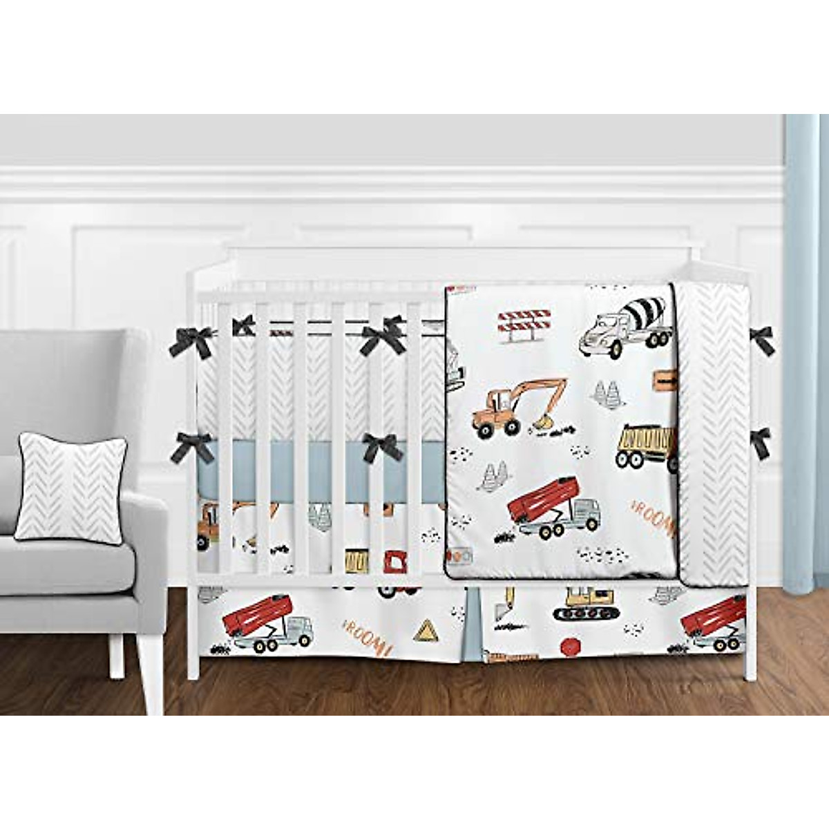 Sweet Jojo Designs Construction Truck Boy Small Fabric Toy Bin Storage Box Chest For Baby Nursery or Kids Room - Grey Yellow Orange Red and Blue Transportation