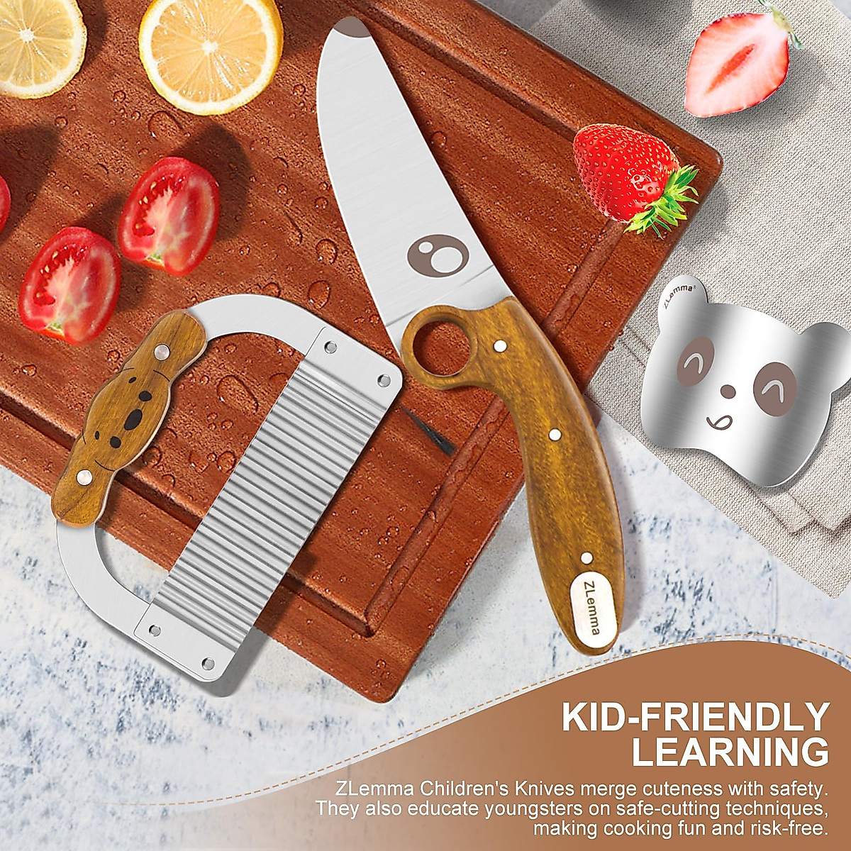 ZLemma Kids Knife Set for Real Cooking with Educational Ring & Finger Guard for Cutting Training, 3 Pieces Premium Full-tang Kids Chef Knife & Kids Crinkle Cutter, Precious Rosewood Handle