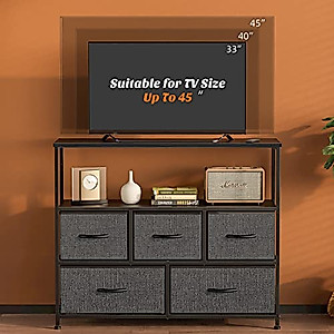 Dresser TV Stand, Entertainment Center with 5 Fabric Drawers, Media Console Table for TV with Open Storage Shelf Dresser for Bedroom/Living Room/Hallway Black