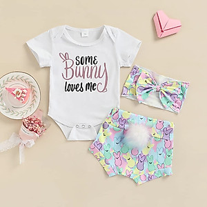 Guodeunh Newborn Baby Girl Easter Outfits Infant Letter Romper 3D Pompom Bunny Tail Shorts Headband 3PCS Rabbit Clothes (Purple- A, 3-6 Months)