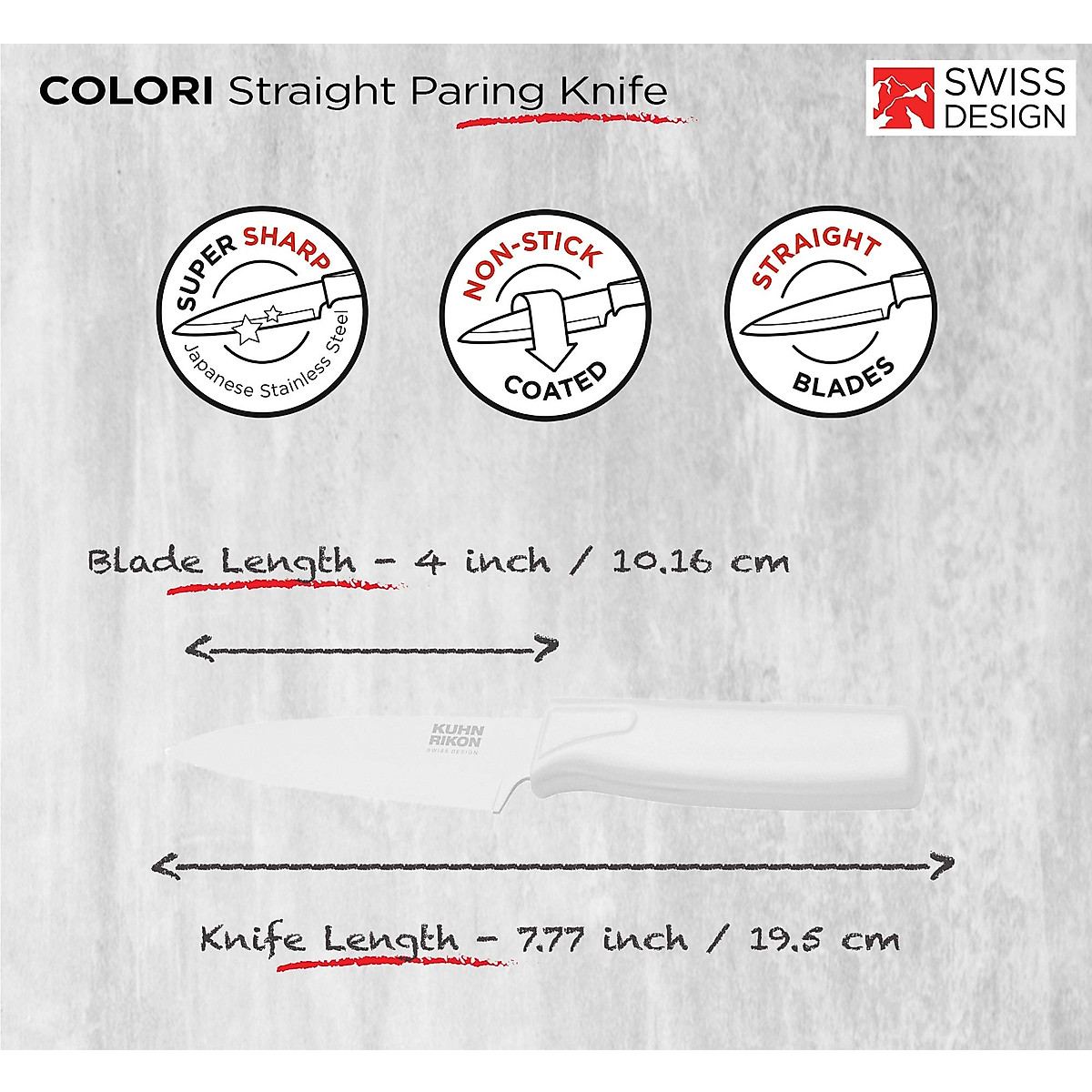 Kuhn Rikon Colori Non-Stick Straight Paring Knife with Safety Sheath, 4 inch/10.16 cm Blade, Marshmallow