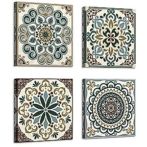 ARTISTIC PATH Bohemia Pattern Printing Wall Art: Vintage Flower Pattern Canvas Wall Decoration Artwork for Bedroom (12" W x 12" H x 4 PCS, Multi-Sized)