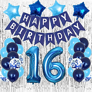 16 Birthday Decorations, Blue 16th Birthday Decorations Girls Boys Party Supplies, Happy 16th Birthday Balloons with Foil Fringe Curtains for Woman Men Birthday Party (16th)