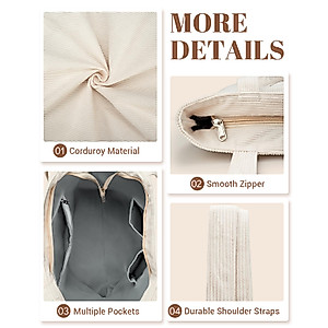 Iioscre Corduroy Tote Bag for Women,Hobo HandBags with Zipper,Large Capacity Casual Shoulder Handbags with Inner Pockets