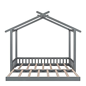 JIVOIT Extending Daybed with Trundle, Twin to King Design Daybed with Roof Design, Wooden House Bed Daybed Frame for Kids Teens Bedroom Furniture, No Box Spring Needed (Gray-Twin to King Design)