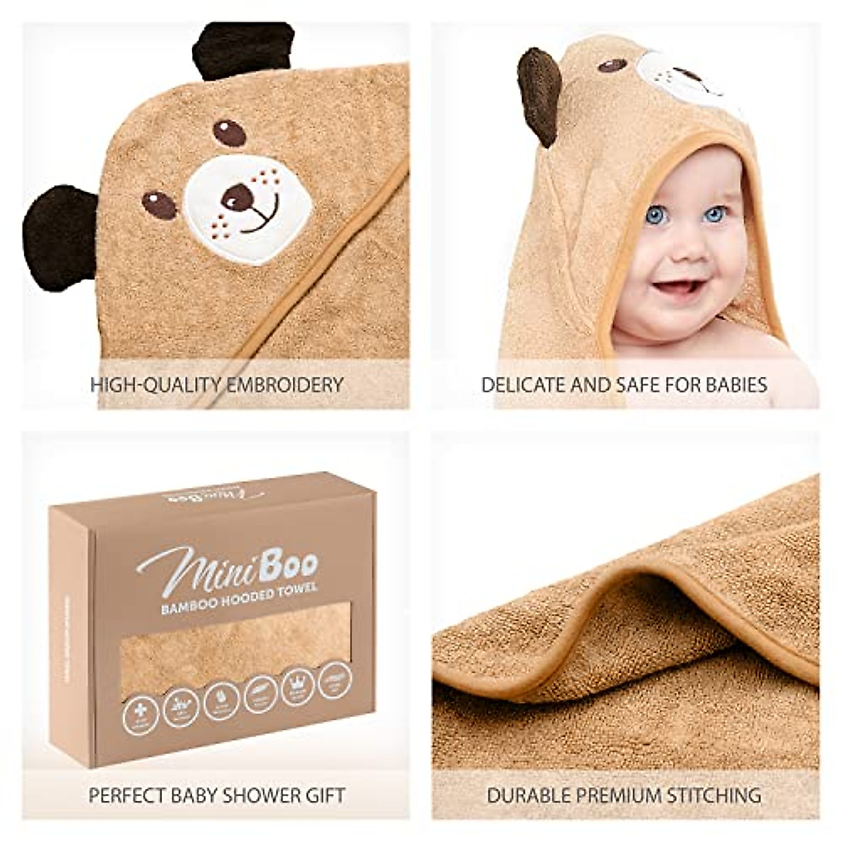 MINIBOO Premium Bamboo Baby Towel with Unique Dog Design – Extra Soft and Absorbent Baby Bath Towel for Newborns, Infants, and Toddlers – Suitable as Baby Gifts