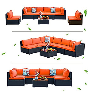ESSENTIAL LOUNGER Outdoor Patio Furniture Set 7 Pieces Wicker Patio Conversation Set Outside Sectional Furniture Set Rattan Patio Sofa with Tempered Glass Table, Cushions & Pillows -Black,Orange
