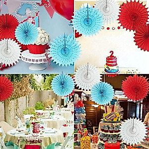 Dr Seuss Cat in The Hat Birthday Decorations Thing 1 and Thing 2 Decorations/Cat in The Hat Baby Shower Decorations/Turquoise Red Tissue Paper Fans for Circus Carnival Birthday Party Decorations