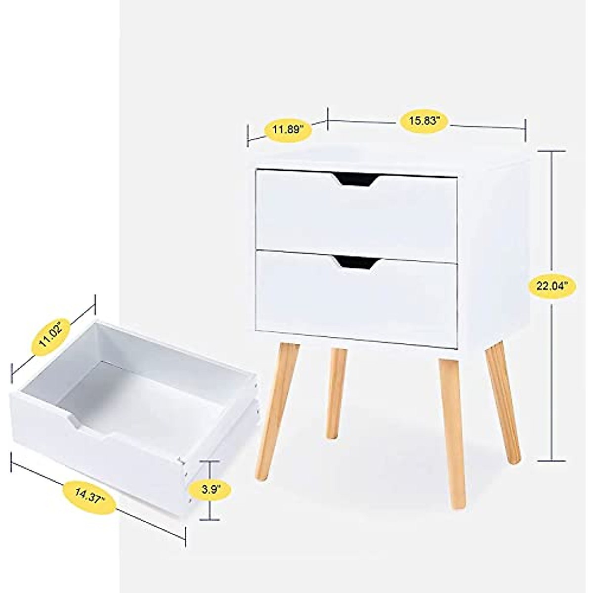 SWEETGO End Side Table Nightstand with Storage Drawer -Fashion Modern Assemble Storage Cabinet Bedroom Bedside -Solid Wood Legs Living Room Bedroom Furniture-Double Drawer Nightstand (1, White)