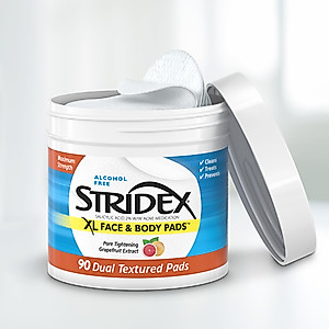 Stridex XL Face & Body Pads, 90 Count, Maximum Strength, Facial Cleansing Wipes, Alcohol-Free Face Pads, Acne Treatment for Face & Body, Dual Textured Pads, Smooth Application