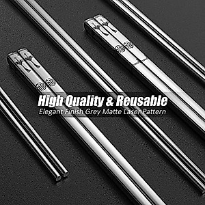 ZDPMK 5 Pairs Metal Chopsticks - Reusable Stainless Steel Chopsticks Laser Engraved Japanese Chinese Korean Chop Sticks with Non-Slip Square Design,Dishwasher Safe