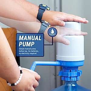 Dolphin Manual Water Pump for 5 Gallon Bottles, Fits 2-6 Gallon Bottles, Blue Manual Hand Pressure Water Dispenser, Secure Fit on Crown Top Jugs, 3 Tube Lengths, Sanitary Cap, BPA-Free