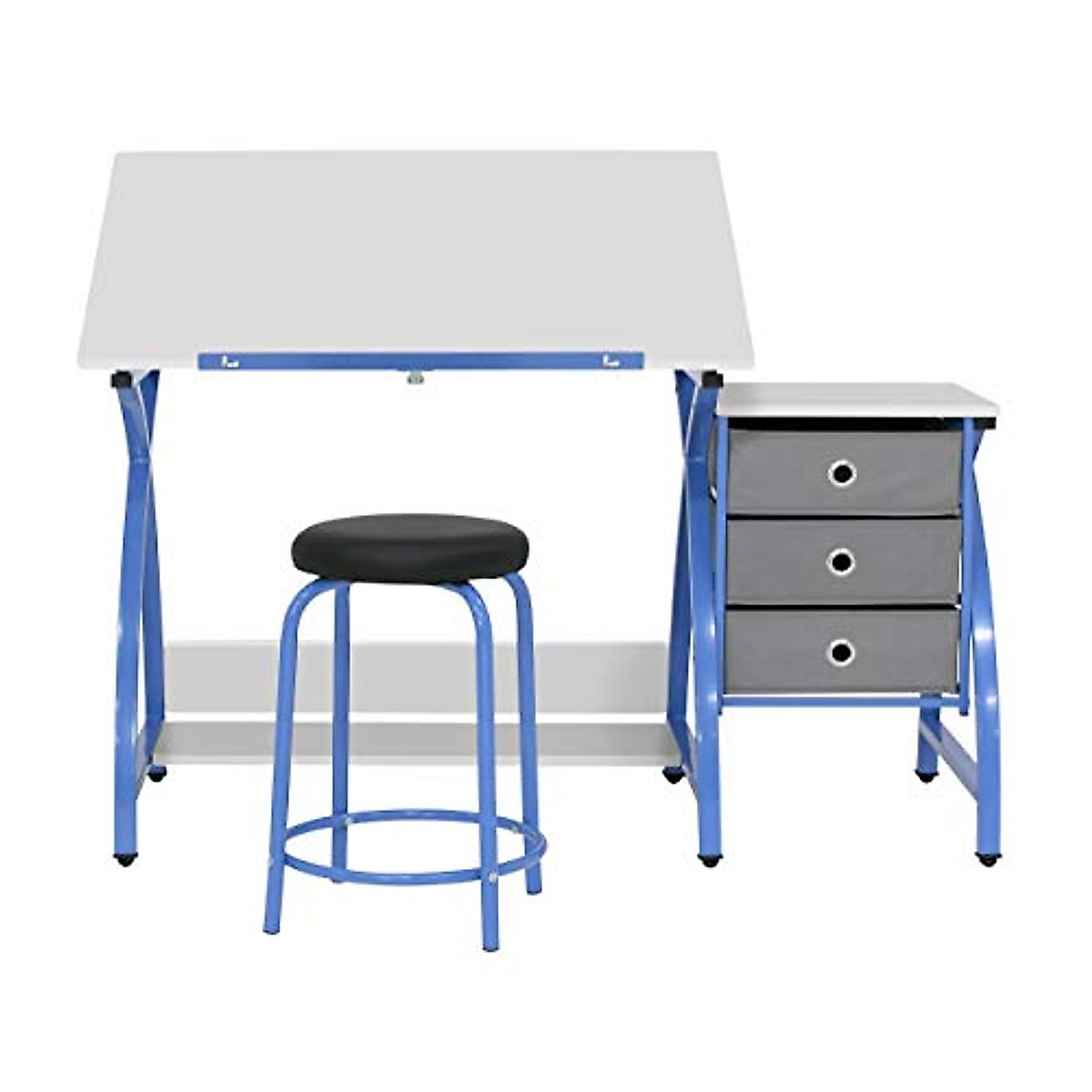 SD STUDIO DESIGNS 2 Piece Comet Center Plus, Craft Table and Matching Stool Set with Storage and Adjustable Top, 50"W x 23.75"D x 29.5"H, Blue/White