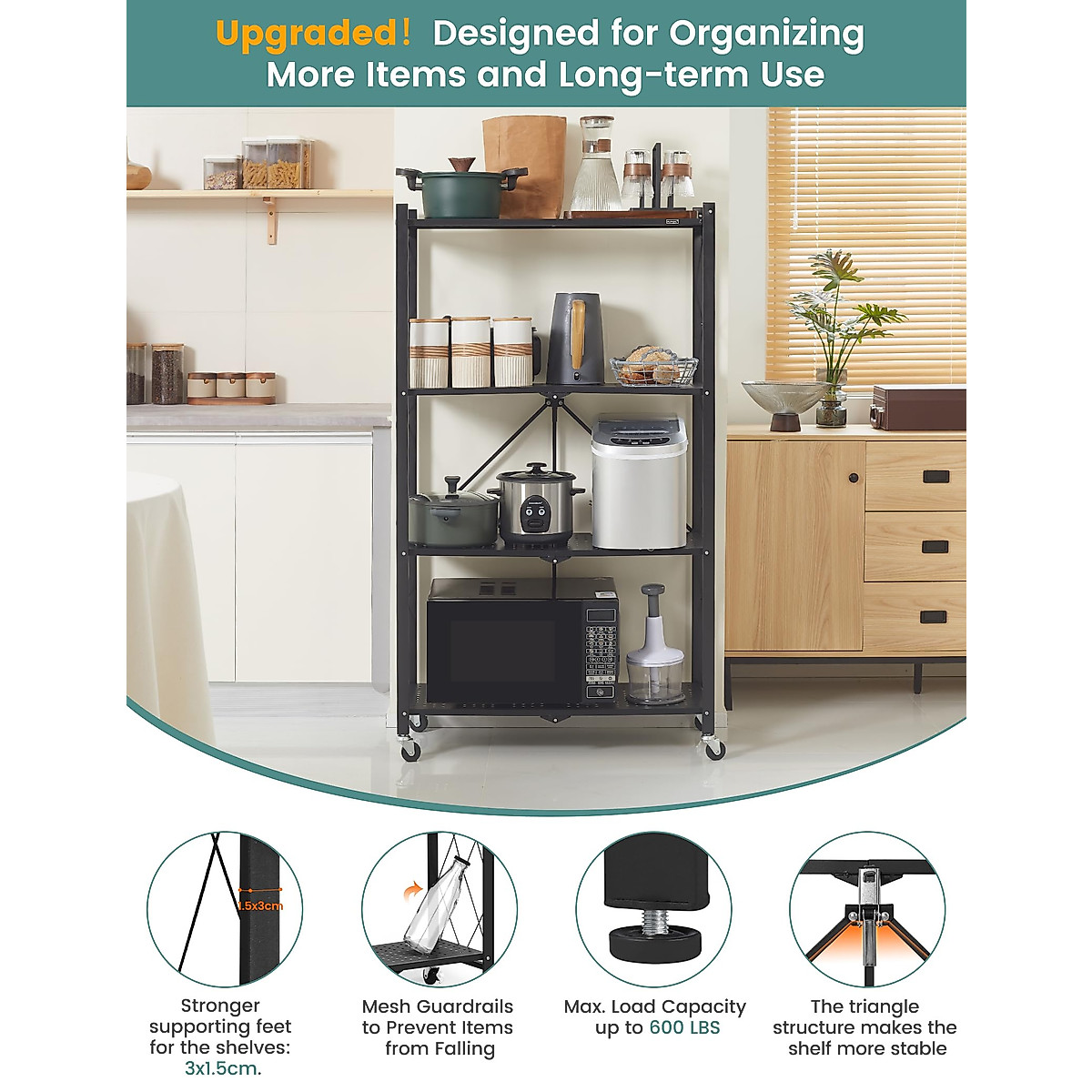 ALANNG Storage Shelves with Wheels, Bookshelf with Storage, No Assembly Metal Rack Shelf for Kitchen, Office, Laundry, Garage (4 Tier, Black)