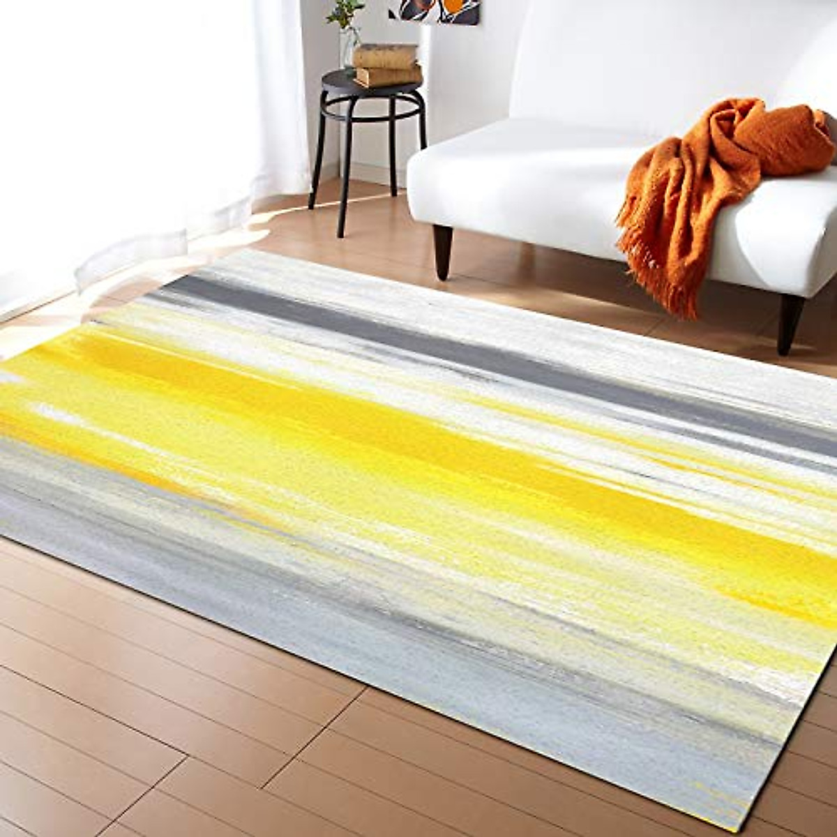 Abstract Yellow Grey Pattern Filling Area Rug 3'x5' Kitchen Rugs Non Skid Washable Baby Carpet, White Shabby Pattern Absorbent Hallway Runner Rug for Living Room/Bathroom/Bedroom