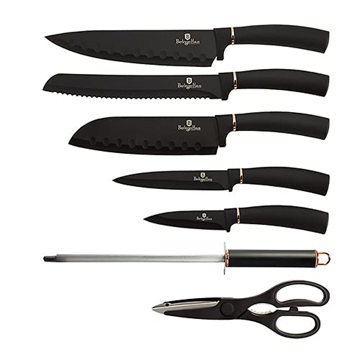 Berlinger Haus Kitchen Knife Set with Block, 8 Piece Knives Set for Kitchen, Cooking Knives with Kitchen Shears and Sharpener, Sharp Cutting Stainless Steel Chef Knife Set with Acrylic Stand, Black