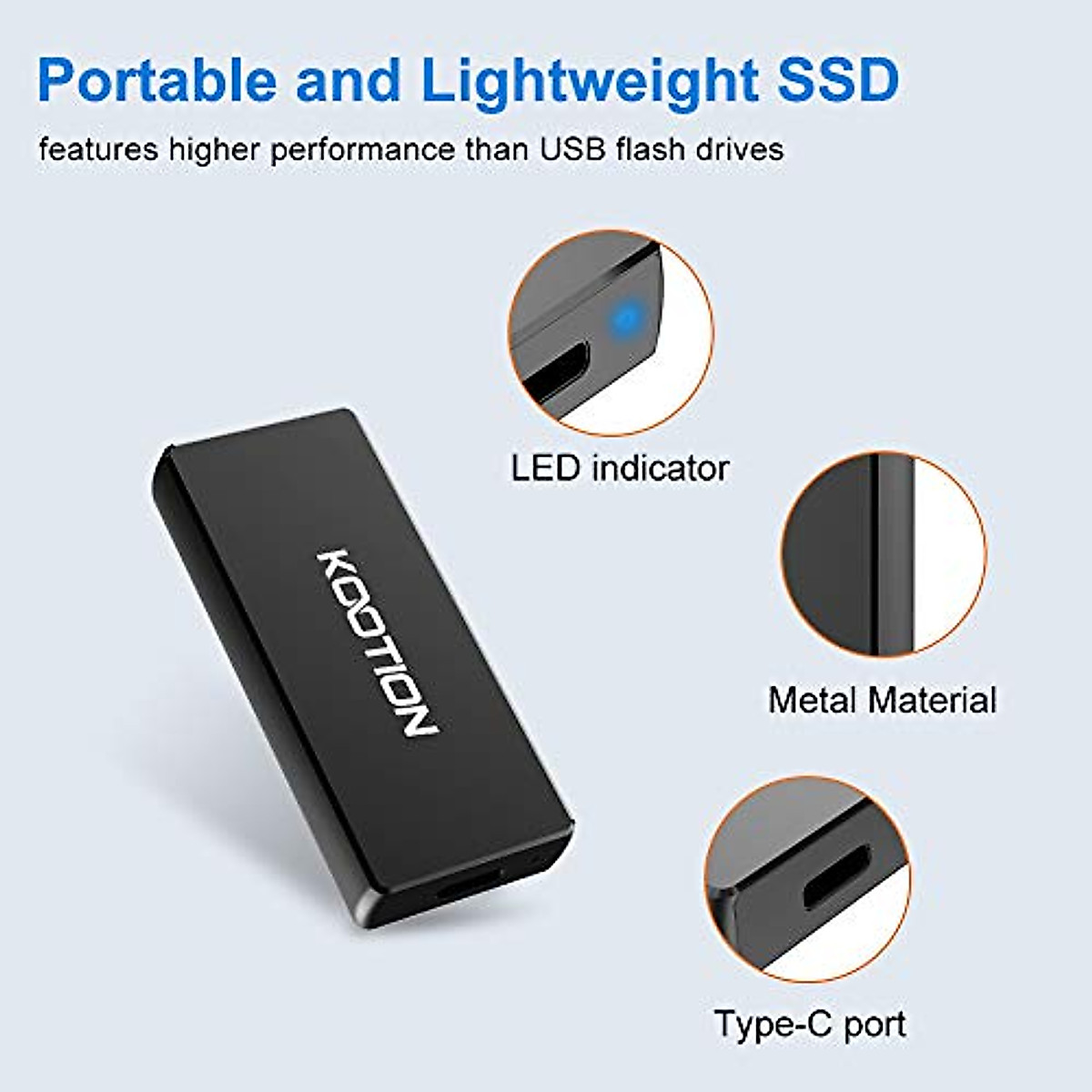 KOOTION 500GB External Portable SSD USB-C Solid State Flash Drive for Laptop/MacBook/Game Console, Mini Aluminum USB 3.1 External Hard Drive, Up to 540MB/s, Black, 500GB