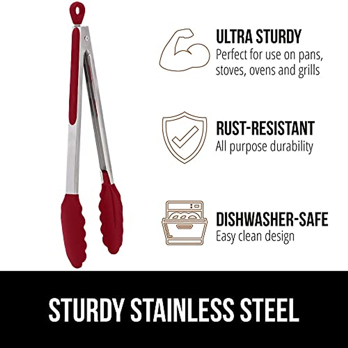 Gorilla Grip Silicone Tongs Set of 2 and Manual Can Opener, Silicone Tongs Are 9 and 12 Inch, Can Opener Includes Built in Bottle Opener, Both in Red Color, 2 Item Bundle