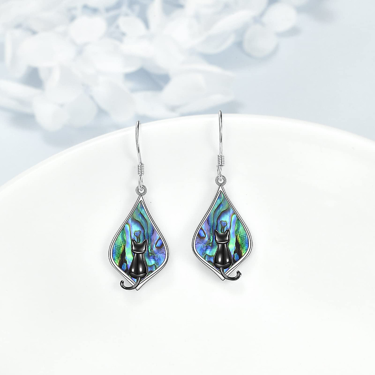 Cat Earring for Women Sterling Silver Teardrop Abalone Cat Dangle Earrings Jewelry